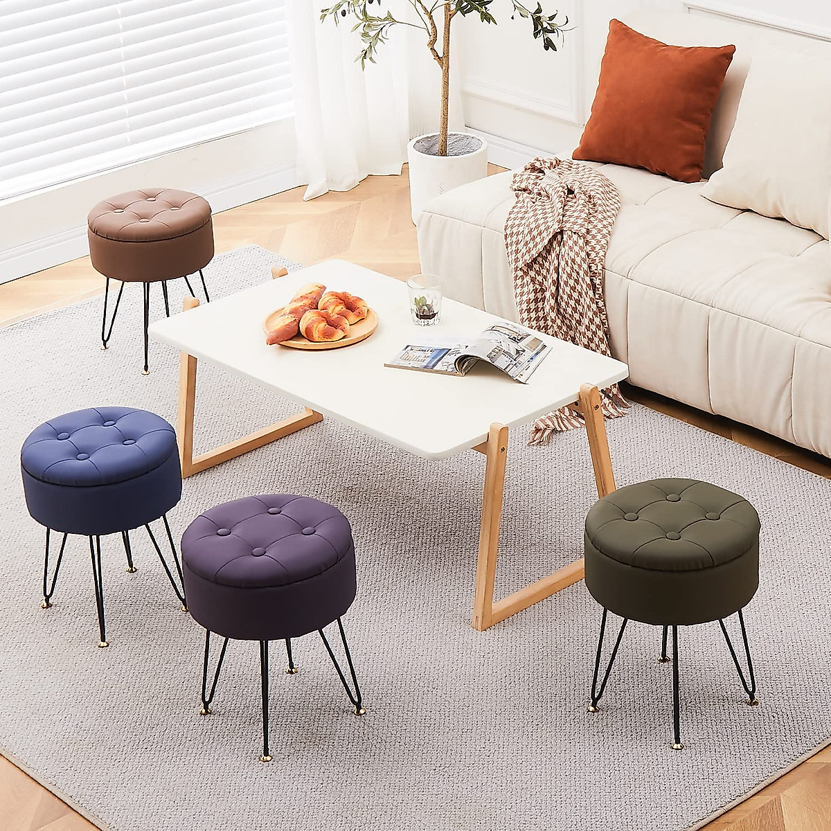 Cpintltr Modern Faux Leather Foot Rest Stool Upholstered Round Storage Ottomans Multipurpose Dressing Stools Luxury Home Decor Ottoman Coffee Table Top Cover Footstool for Couch Entryway Brown