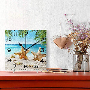 Naanle 3D Fresh Tropical Seashells Starfish on Summer Beach Silent Square Wall Clock Decorative, 8 Inch Battery Operated Quartz Analog Quiet Desk Clock for Home,Office,School