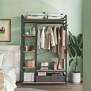 GERDIOEB Garment Organizer, Freestanding Closet Organizer, Freestanding Closet System with Open Dividers and Rails for Hanging Clothes, Sturdy Storage Closet Hangers, Bedroom Hangers (Grey)