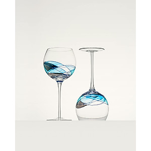 Antoni Barcelona Wine Glass Large Stem 21oz Mediterranean Art Handblown Handpainted Glassware Unique Gifts Ideas Women Men Birthday (Blue, Set 2)
