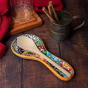 Colorful Ceramic Spoon Rest – Hand-Painted Large Talavera Kitchen Utensil Holder for Counter & Stove Top in Gift Box - Dishwasher Safe Lead Free Cooking Ladle Dish Mexican Style Cuchara Multicolor