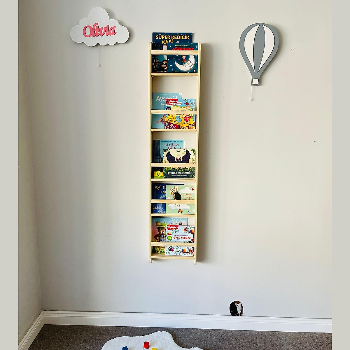 Furpinea Handmade Natural Wood 5 Tier Montessori Kids Bookshelf, Wall Mounted Wide Book Shelf for Nursery, Space Saver Children's Book Rack Wall for Bedroom, Living Room (Wide 24" Width, Natural)