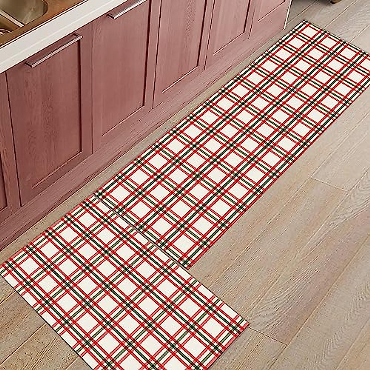 Miaklek Christmas Farmhouse Lattice Kitchen Mats for Floor Anti Fatigue Mats for Kitchen Floor Kitchen Rugs Cushioned Mats Non Slip Comfort Standing Kitchen Rugs Set of 2, Red and Green Plaid