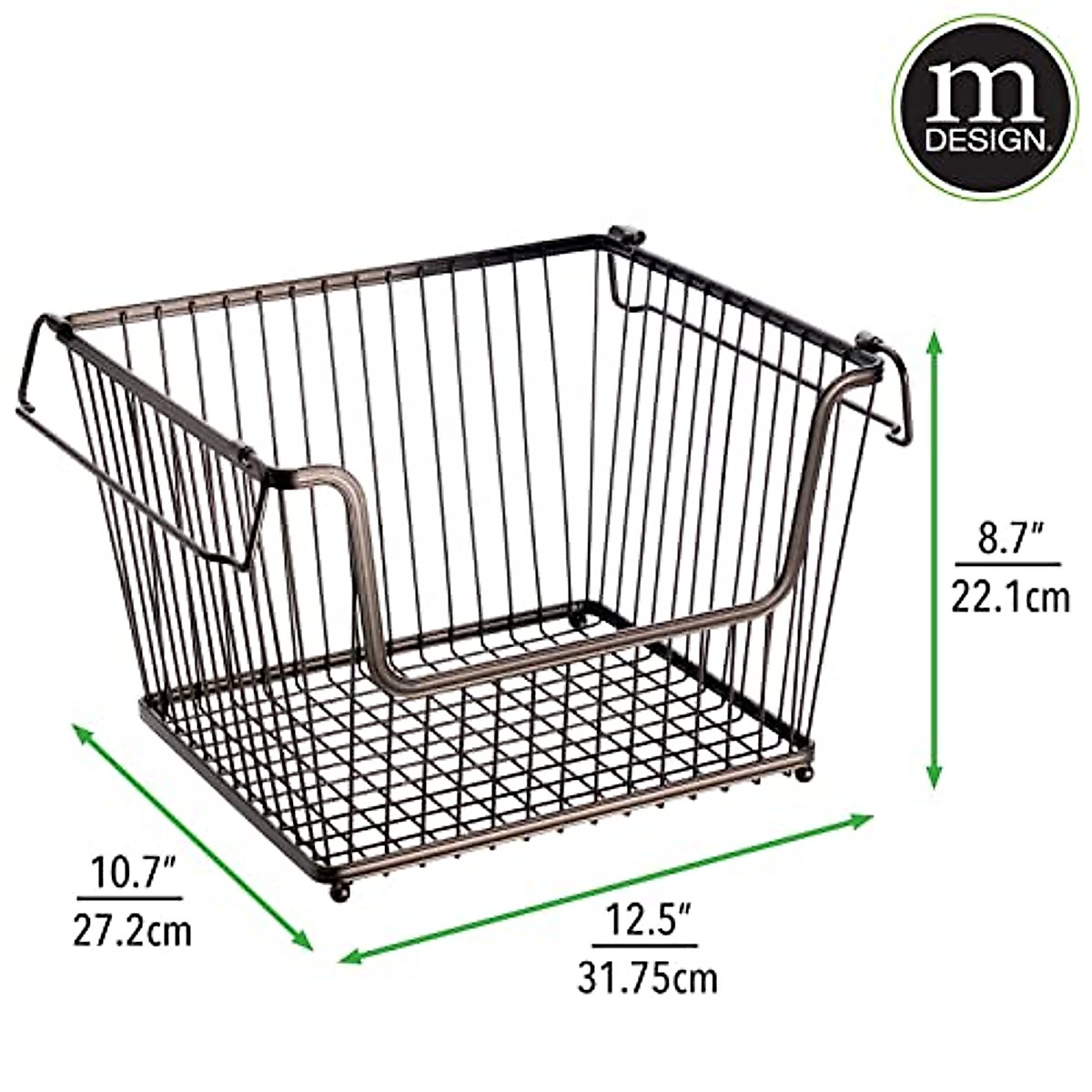mDesign Stackable Metal Basket for Kitchen Storage - Large Wire Farmhouse Bin Basket w/Handles for Pantry - Stacking Wire Basket Organizer for Food, Drinks - Hyde Collection, 3 Pack, Bronze