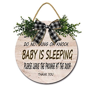 Weytff Baby Sleeping Sign For Front Door Funny Baby Sleeping Hanging Sign Plaque, Do Not Knock Or Ring The Bell, Round Wooden Door Hanger For Baby Room, Nursery, Front Door, Door Knob Decor 12"