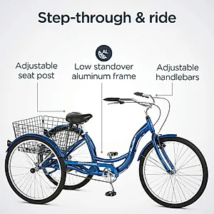 Schwinn Meridian Adult Tricycle Bike, Mens and Womens Three Wheel Beach Cruiser, 26-Inch Wheels, Low Step-Through Frame, Wide Seat, Rear Folding Basket, 1-Speed, Blue