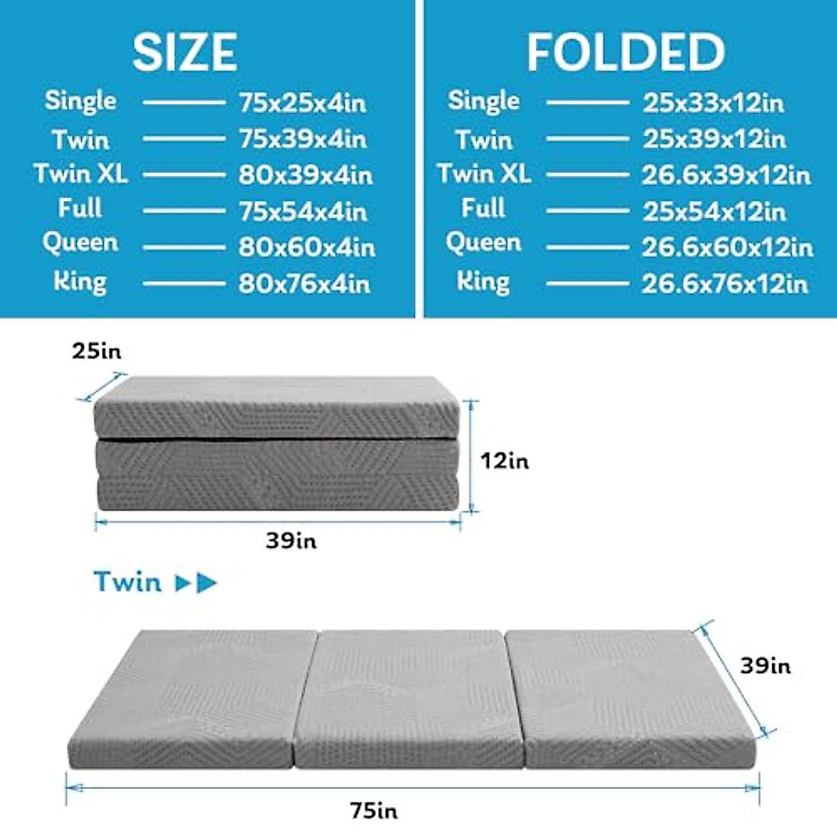 wOod-it Folding Mattress, 4 inch Memory Foam Tri Fold Mattress Topper with Washable Cover, Play Mat, Foldable Bed, Guest beds, Camp Portable Bed, Queen Size, 80" x 60" x 4"
