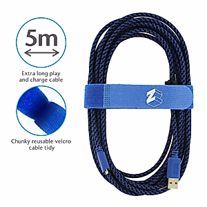 ZedLabz Ultra 5M braided charging cable for Sony PS4 controllers - gold plated flush fit extra long USB play & charge cable lead – Includes tidy and drawstring storage bag