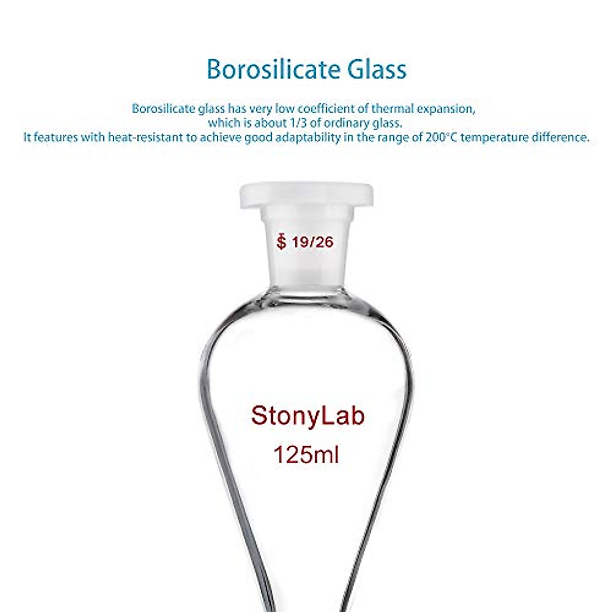 stonylab Borosilicate Glass 125 ml Heavy Wall Conical Separatory Funnel with 19/26 Joints and PTFE Stopcock, 125 ml