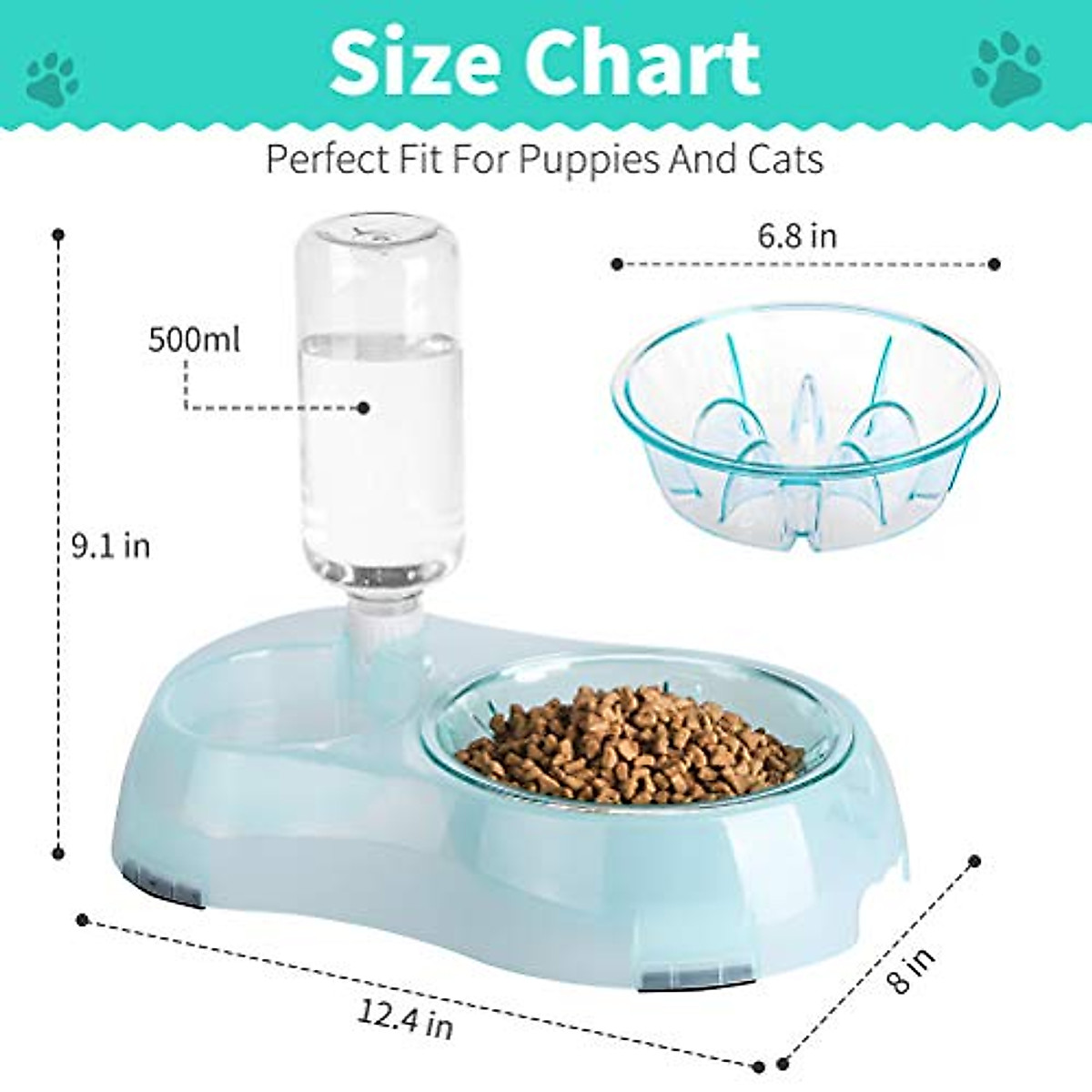 BINGPET Automatic Feeder Slow Food and Refill Water Bowl for Cat & Dog, Removable Automatic Water Dispenser and Slow Food Bowl, Non-Slip Pet Feeder Water Bowls for Cats and Puppies