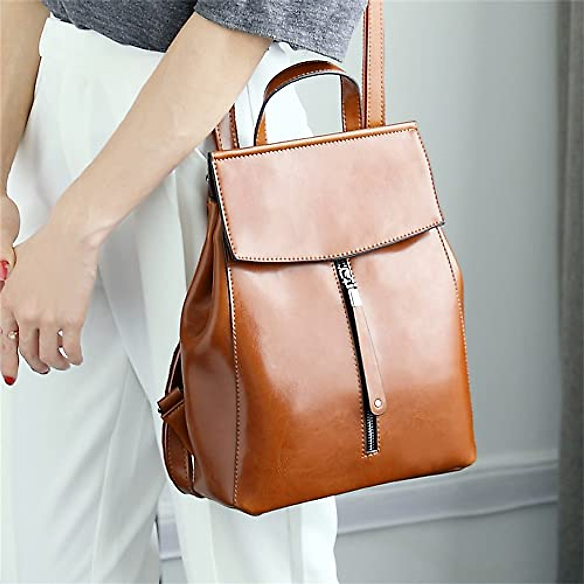 JIUFENG Genuine Leather Backpack for Women Vintage Small Daypack Ladies Satchel Bags Shoulder Bags Women's Purses (Brown)