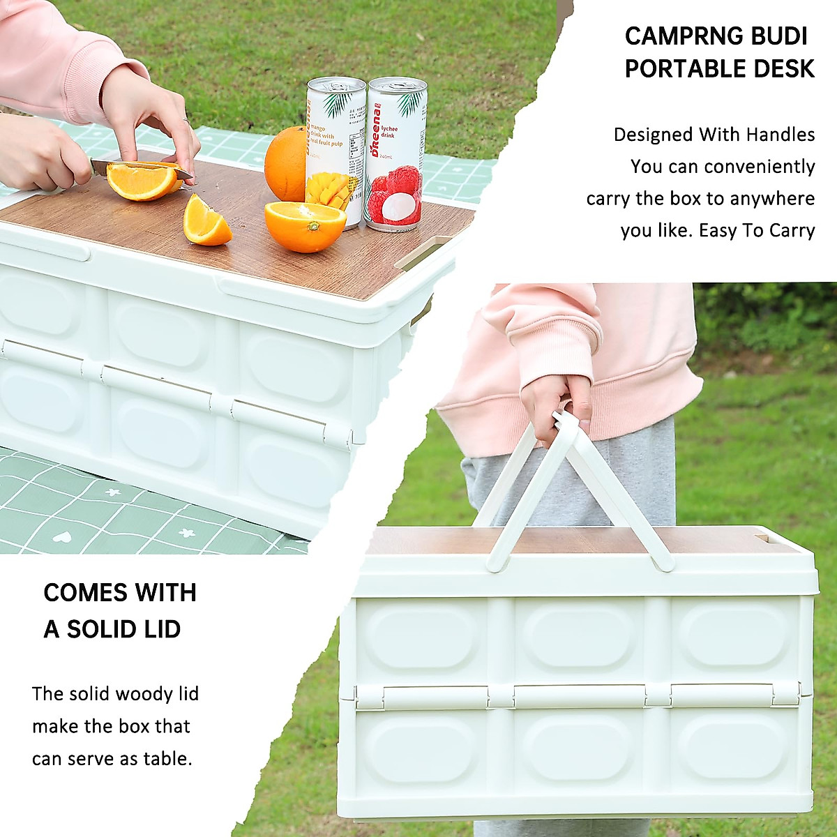 CAIHECAI Camping Storage Box with Lids Collapsible and Stackable with Table Top For Camping,Home,Office,closet,Garage,Totes,Trunk(White)