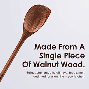 Black Walnut Kitchen Utensils Set - 7 Pcs Dark Wooden Cooking Utensils, 13.6” Long Handle Natural Walnut Wood Flat Spatula, Slotted Turner, Soup Ladle, Skimmer, Pasta Server, Corner Spoons for Cooking