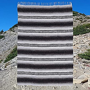 DWC Authentic Mexican Black-Gray Blanket -Yoga Matt - Falsa - Serape - Camping, Picnic, Beach Blanket, Bedding, Car Blanket, Saddle Blanket, Soft Woven Home Decor (Black-Gray Color)