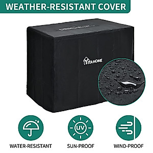 YITAHOME 32 Inch Outdoor Low Propane Fire Table, 40,000 BTU Gas Fire Pit, Square Ceramic Tile Firtable with Wood Grain, Brown Wicker Base, Weatherproof Cover & Lid for Patio (Fit Outside 20lbs Tank)