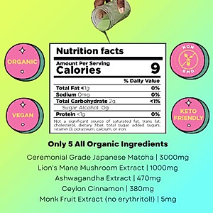 Pow Wonder Matcha | Organic Ceremonial Matcha w/Adaptogens, Mushrooms, Lion's Mane Mushroom and Ashwagandha | Lightly Sweetened (14 Servings)