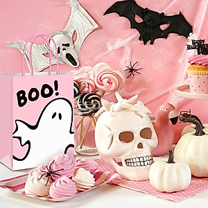 JarThenaAMCS 24Pcs Halloween Paper Gift Bags Ghost Boo Pink with Handles Party Favor Bags Kraft Candy Goodie Treat Bags for Halloween Birthday Party Favors Supplies 8.3 Inch