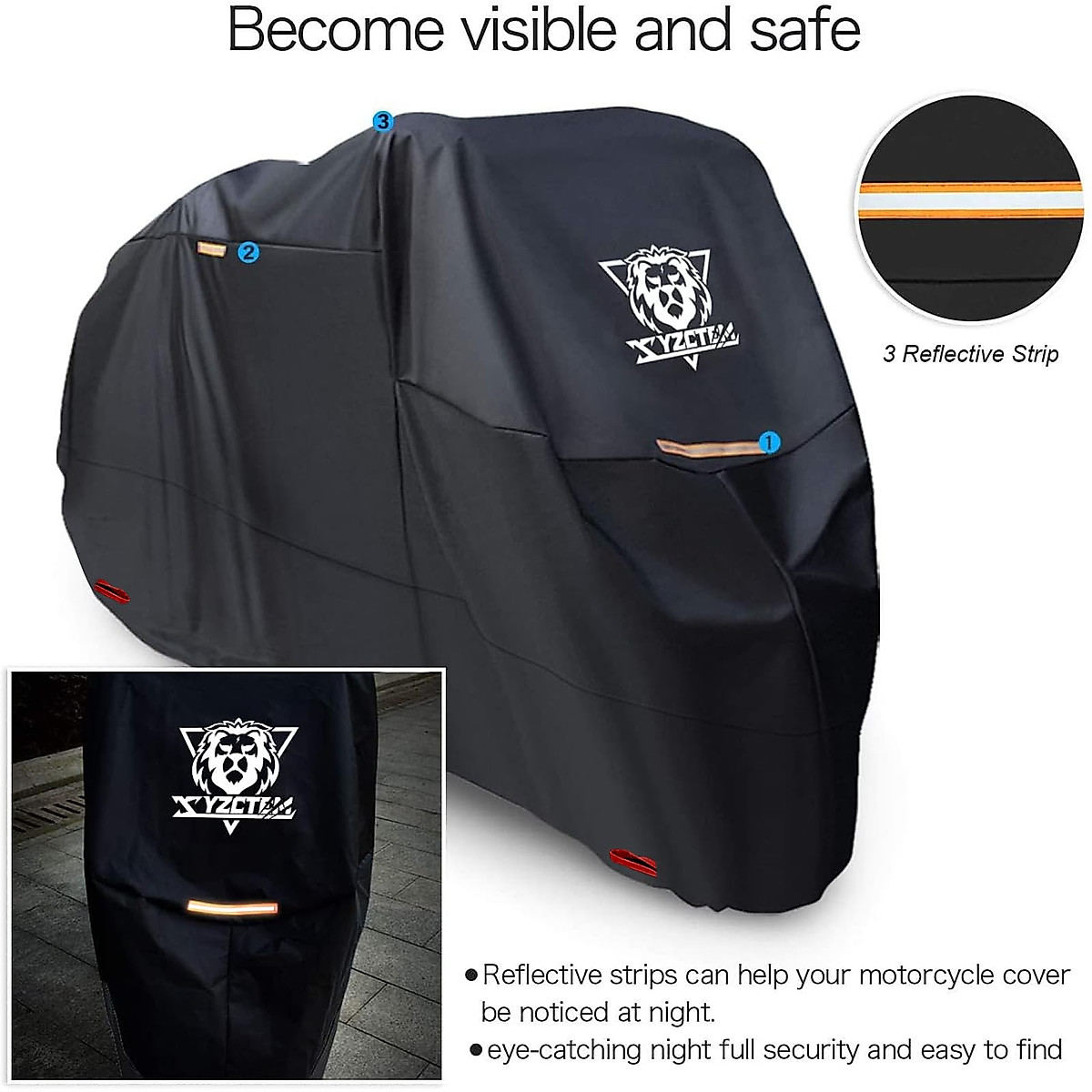 XYZCTEM Motorcycle Cover -Waterproof Outdoor Storage Bag,Made of Heavy Duty Material, Fits up to 116" Harley Davison and All Motors(Black& Lockholes& Professional Windproof Strap) (XXXL)