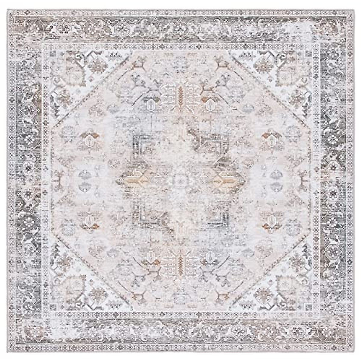 SAFAVIEH Tucson Collection Area Rug - 4' Square, Beige & Grey, Persian Medallion Design, Non-Shedding Machine Washable & Slip Resistant Ideal for High Traffic Areas in Living Room, Bedroom (TSN102B)