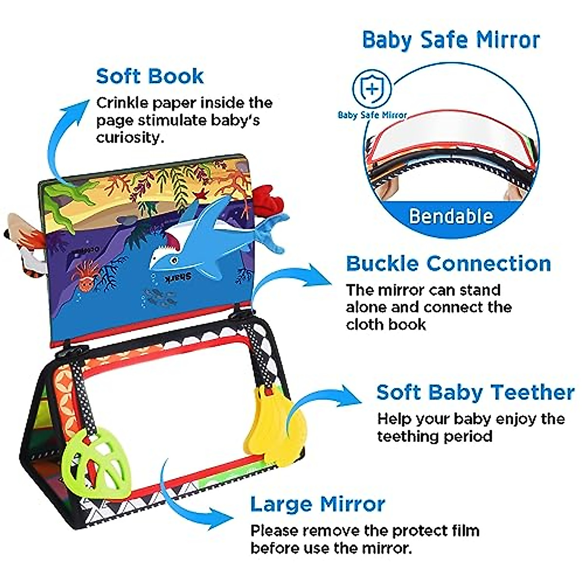 KETIEE Baby Tummy Time Mirror Toys, 3 in 1 Black and White High Contrast Infant Toys with Crinkle Cloth Book, Shark Doll & Teether Newborn Montessori Sensory Toys for Baby Boy Girl 0-3-6-9-12 Months