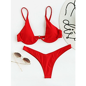 Verdusa Women's Sexy Triangle Bathing Two Pieces Swimsuit Bikini Set Red M