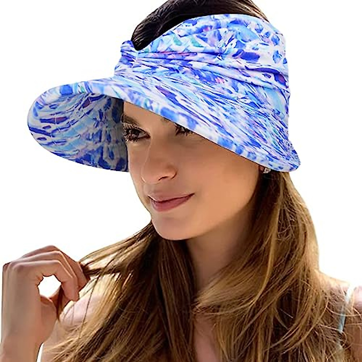 Sun Visor Hat for Women,Summer Beach Hats Foldable,Wide Brim, Ponytail,Fashion Sun Shade UV Protection Soft Hat for Outdoor Blue