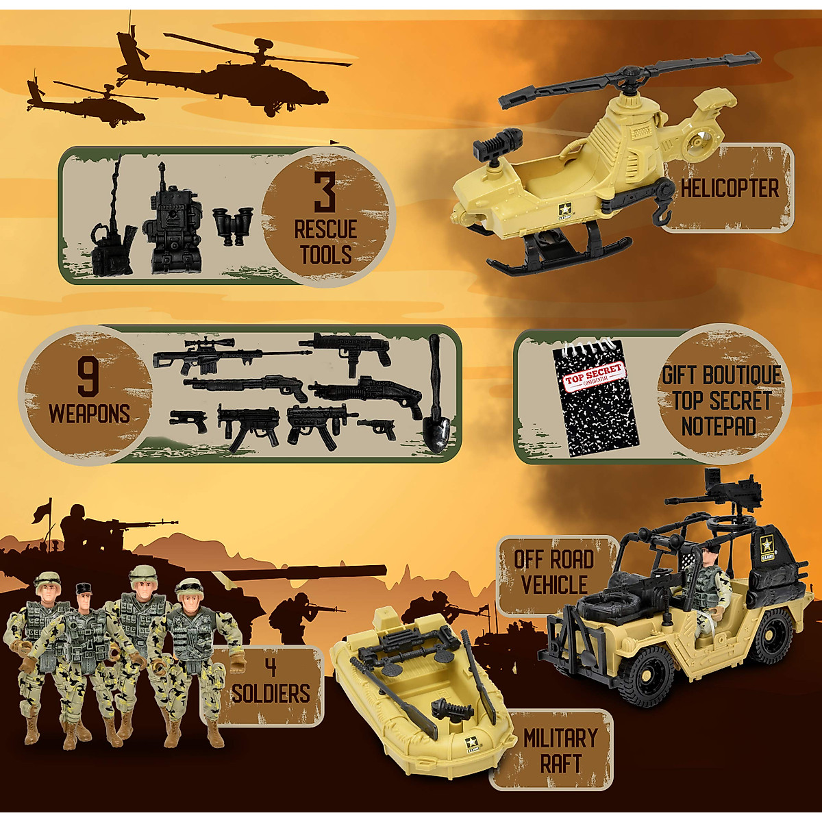 US Army Men Action Figure Toy Playset for Boys Desert Forces and Rescue Team Military Vehicle, Rescue Boat and Helicopter 4 Military Men Action Figures with Weapon Accessories and Top Secret Notepad