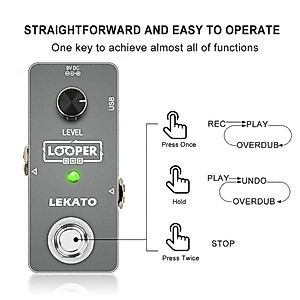 LEKATO Guitar Looper Effect Pedal Loop Pedal Unlimited Overdubs 5 Minutes Looping Time Looper Pedal with USB Cable and 9V 0.6A Pedal Power Supply Adapter