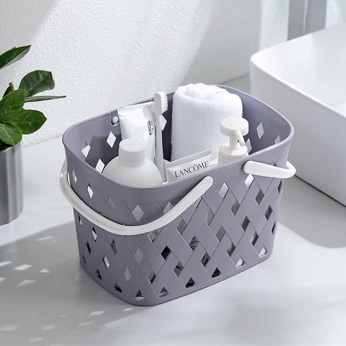 JiatuA Plastic Organizer Storage Basket with Handles, Woven Storage Bins for Bathroom, Kitchen, Closet, Bedroom (Light Gray)