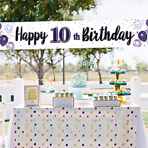 LASKYER Happy 10th Birthday Decorations,10th Purple Balloon Large Birthday Hanging Banner Sign,Cheers to Ten Years Old Bday Party Supplies.