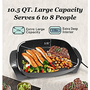 10.5-Qt Large Electric Skillet Nonstick Extra Deep, with Glass Vented Lid