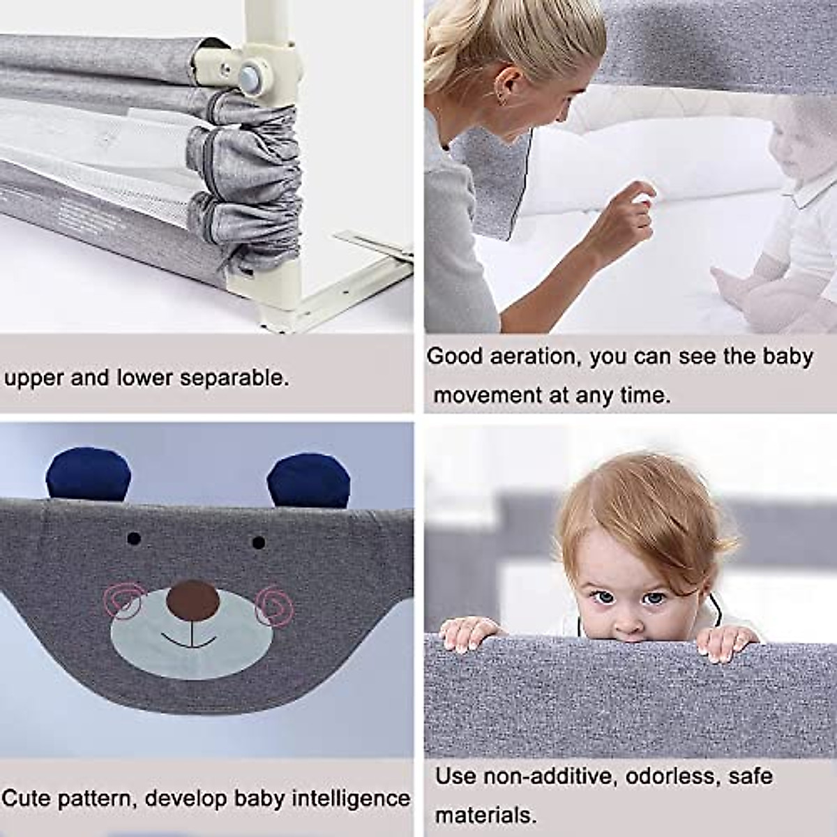 SYOO SINGYOO Bed Rails for Toddlers- New Upgraded Extra Long Bed Guardrail Full Size Baby Bedrail for Children Fit for Twin Queen & King Size Bed Mattress Cute Bear (one Side 60(L)*30(H)inch, Buck)