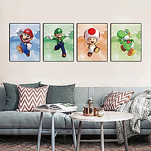 Super Mario Art Prints Toad Super Mario Prints Wall Art Game Room Decor Birthday Painting Set of 4 Pieces (8”X10”Canvas Picture), Bathroom Room Painting, Frameless