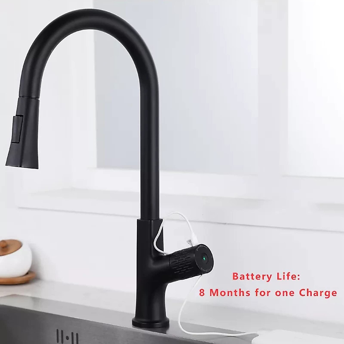 Touchless Kitchen Faucet Matte Black Intelligent Induction Kitchen Sink Faucet with Pull Down Sprayer, Brass Swivel Pull Out Kitchen Mixer Tap Single Handle 2 Spray Modes
