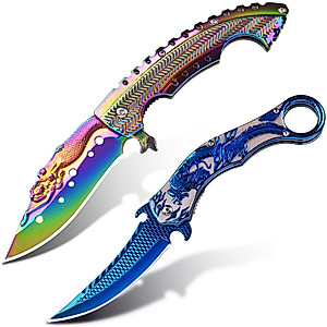 Vividstill 2PCS Set Pocket Folding Knife, 3D Blue Dragon & Mermaid, Great Gift Edc Knife For Men Outdoor Survival Camping Hiking
