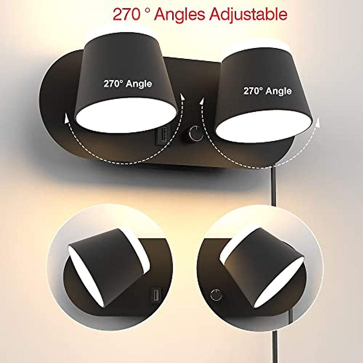 Sytmhoe Modern Black Double Head Dimmable LED Wall Sconce, Bedroom Wall Light with USB, Plug-in Installation, 12W, 10.24x3.94x5.12in