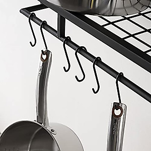 KES Kitchen Pot Pan Rack 24 Inch Hanging Storage Organizer Wall Shelf With Hooks Wall Mounted Matte Black, KUR215S60-BK