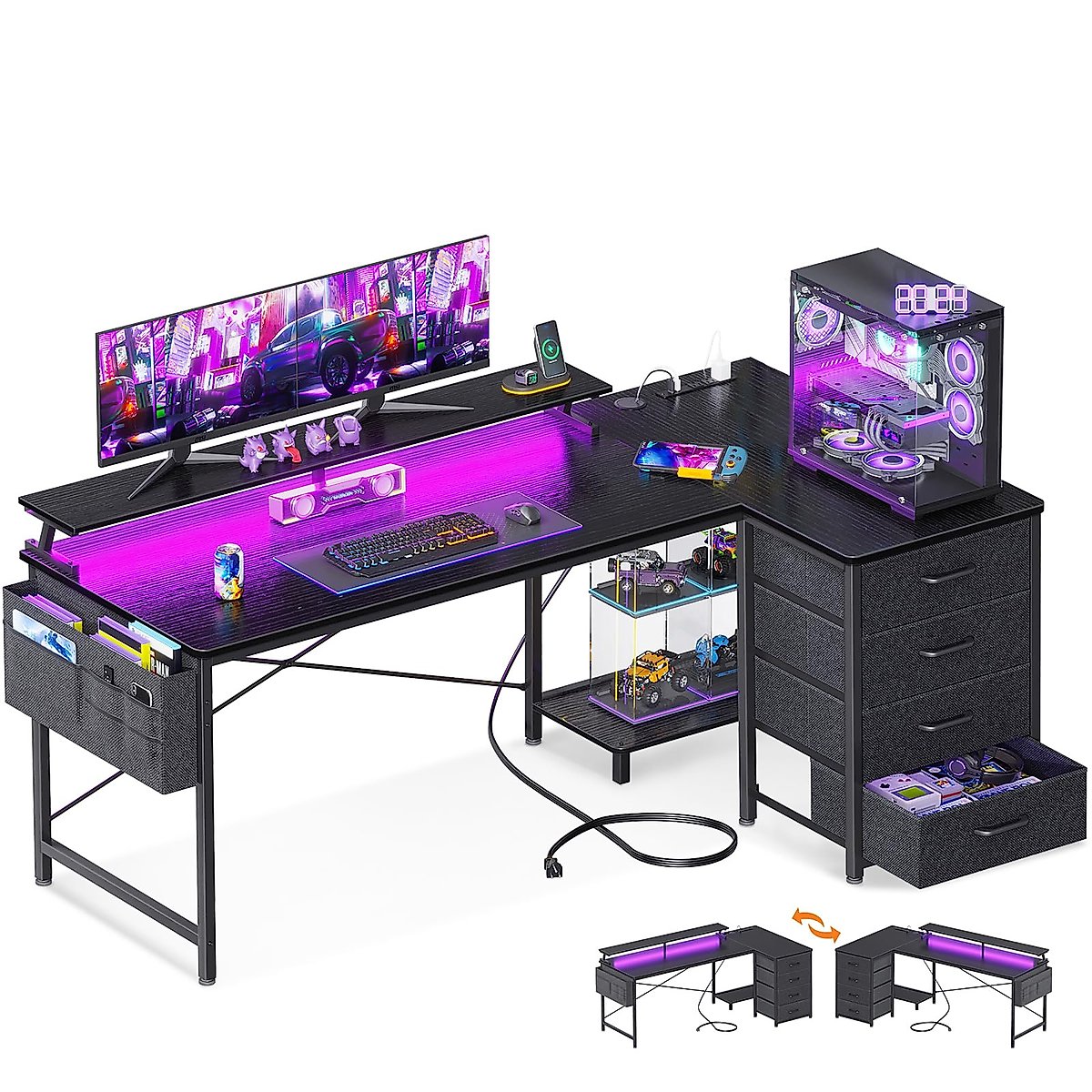 ODK 55-Inch L Shaped Gaming Desk with LED Lights & USB Power Outlets, Reversible Computer Desk with 4 Drawers, Corner Gamer Desk with CPU Shelf & Monitor Stand, Gaming Table for Bedroom, Black