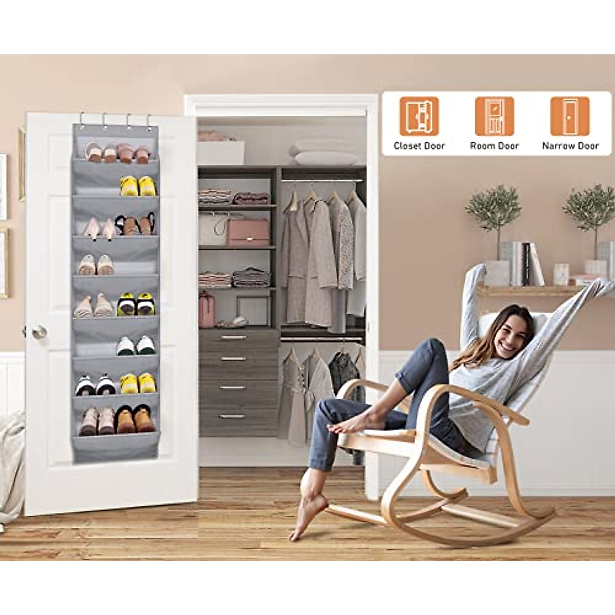 KEETDY Over the Door Shoe Organizer with 8 Deep Pockets, Hanging Shoe Rack for Closet Hanger Fits 20 Pairs Shoe Holder for Narrow Door Shoe Storage, Grey