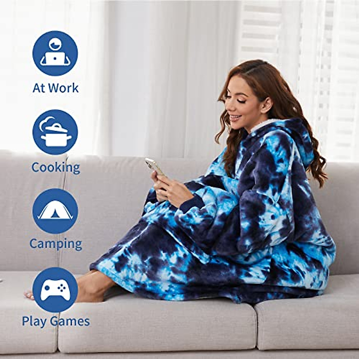 Esran Wearable Blanket Hoodie Sweatshirt for Women and Men with Sleeves and Big Pockets Super Warm One Size Fits All(Dark Blue Tie-dye)