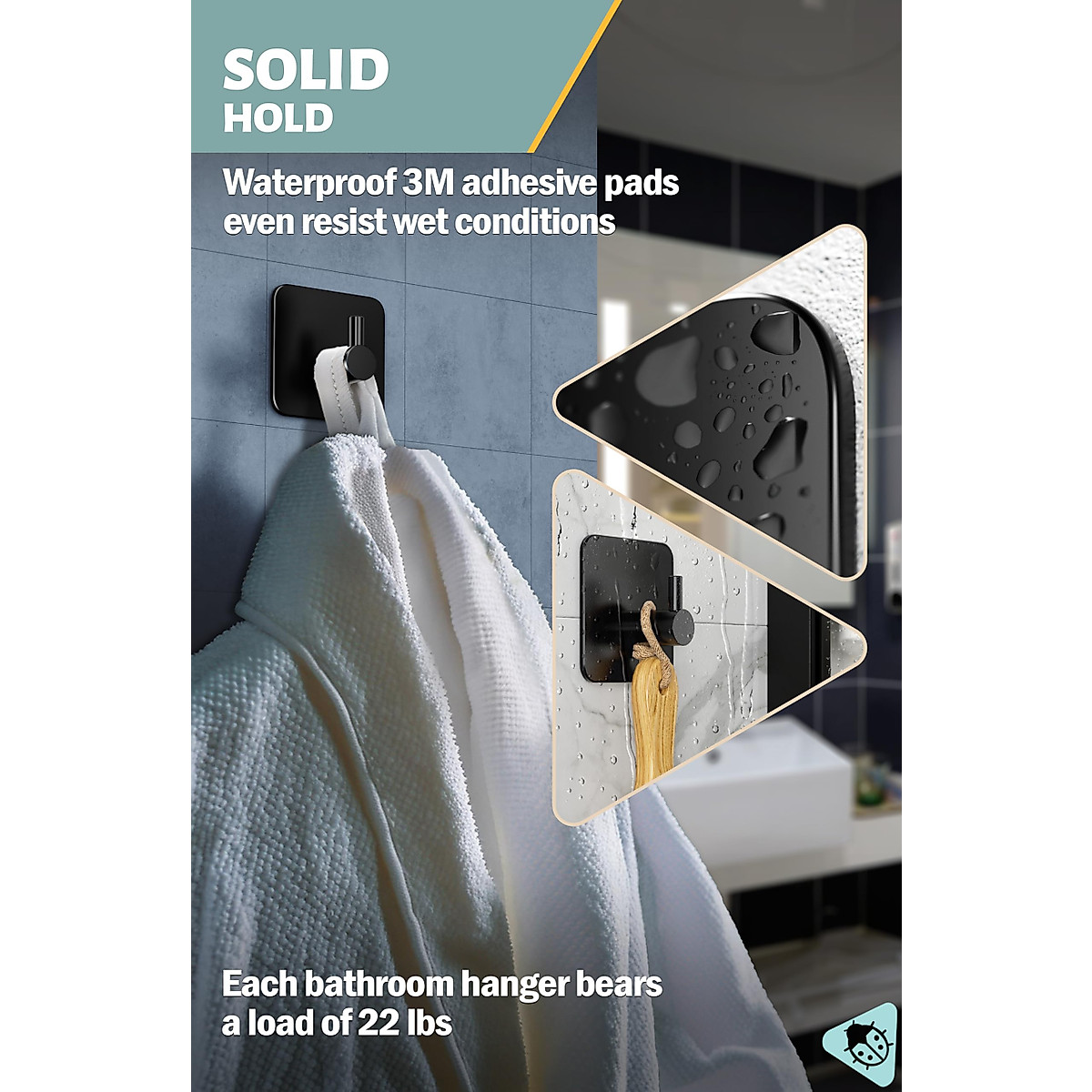 Menz 6-Pack Towel Hooks for bathrooms, Black - Durable Adhesive Hooks, Adhesive Wall Hooks, Adhesive Towel Hooks, Waterproof Stick on Hooks