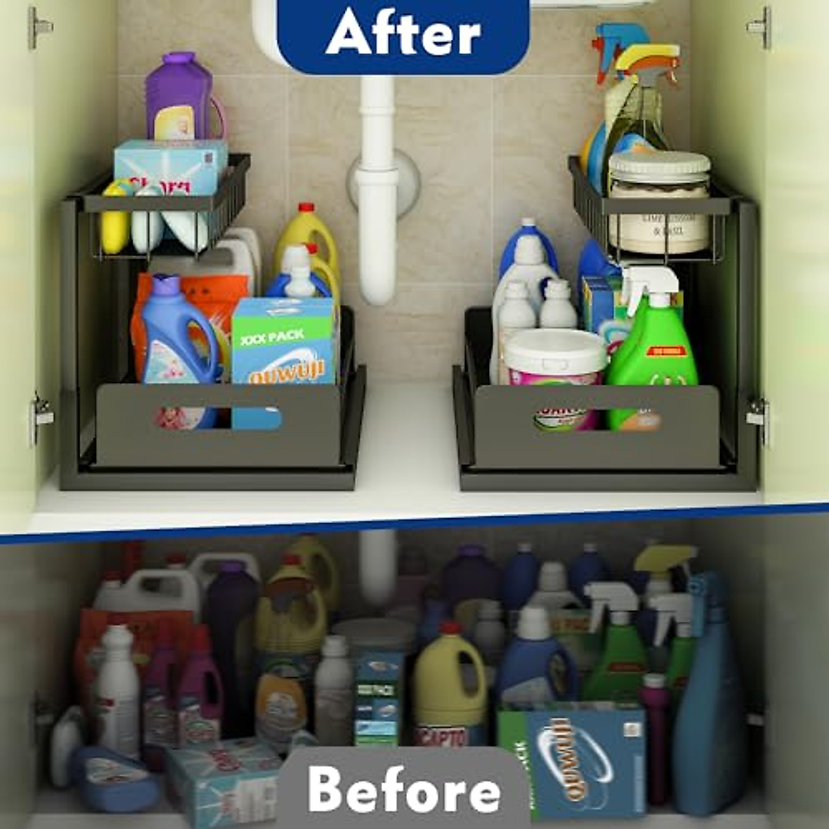 Webetop Under Sink Organizer Kitchen, 2 Pack Pull Out Cabinet Organizer 2 Tier Underneath Sink Organizers and Storage Shelves Slide Out Sink Shelf for Kitchen Bathroom Pantry Cabinet Home