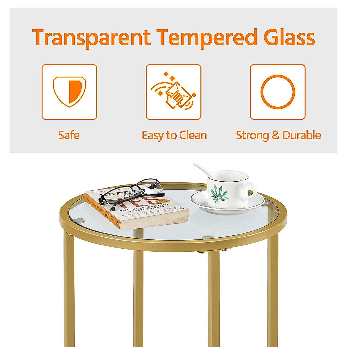 Yaheetech Glass End Table, Round Side Table, Small Coffee Accent Table Nightstand w/Glass Top & Metal Frame for Living Room, Balcony, Bedroom, Porch, Small Space, Modern Style, Mustard Gold