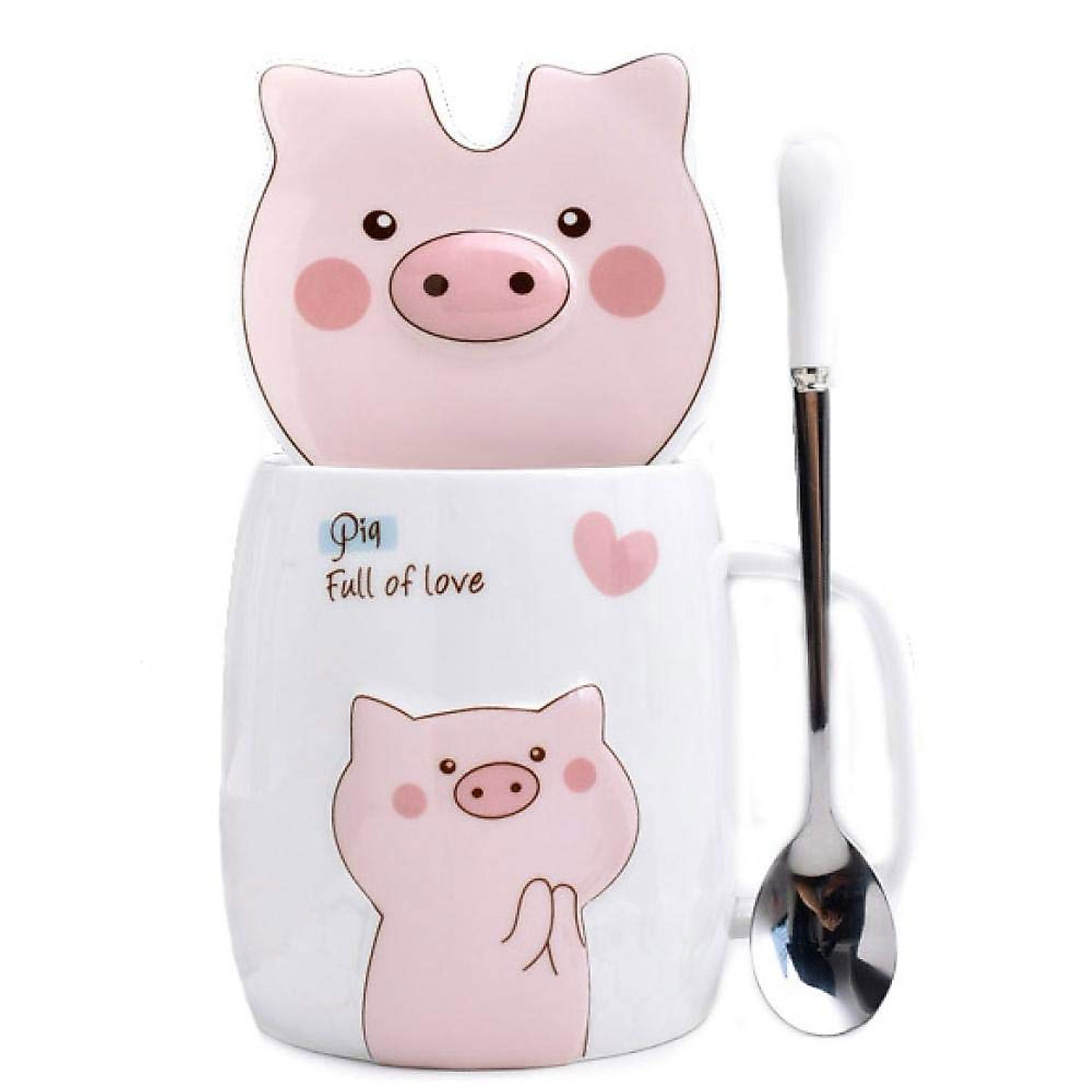 Ceramics Pig Relief Coffee Mug Water Tea Cup With Lid Spoon