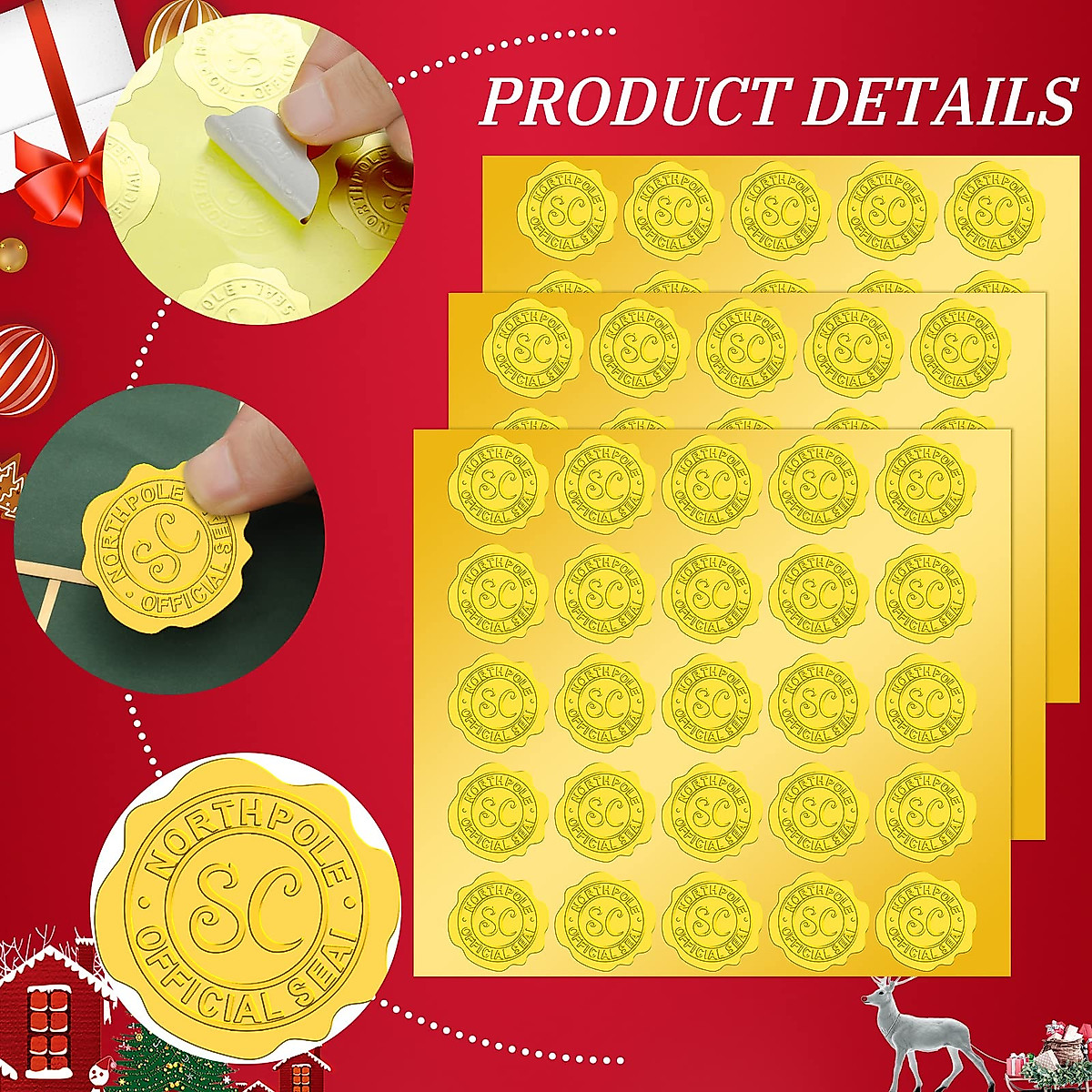 500 Pieces Christmas Wax Seal Stickers Vintage Santa Claus Embossed Gold Wax Seal Sticker Holiday Envelope Seal Label North Pole Official Seal Sticker Self Adhesive Foil for Invitation Card Box