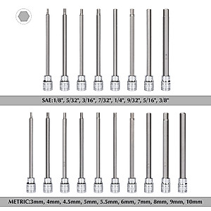 EMENTOL 18PCS 3/8" Drive Long Hex Bit Socket Set, CR-V, S2 Steel, SAE/Metric, Extra Long Allen Hex Bit Socket Set, 1/8 Inch - 3/8 Inch, 3mm - 10mm