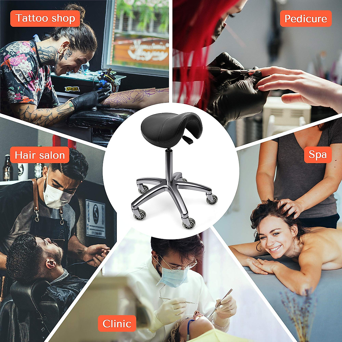 TASALON Saddle Stool - Ergonomic Saddle Chair - Comfortable Saddle Stool with Wheels - Swivel Salon Cutting Stool for Kitchen, Salon, Spa, Tattoo, Pedicure, Massage -Esthetician Chair – Black