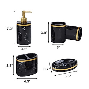 5-Piece Bathroom Counter Top Accessory Set - Dispenser for Liquid Soap or Lotion, Soap Dish, 2 Tumblers and Toothbrush Holder, Marble Pattern Resin (Classic Black)