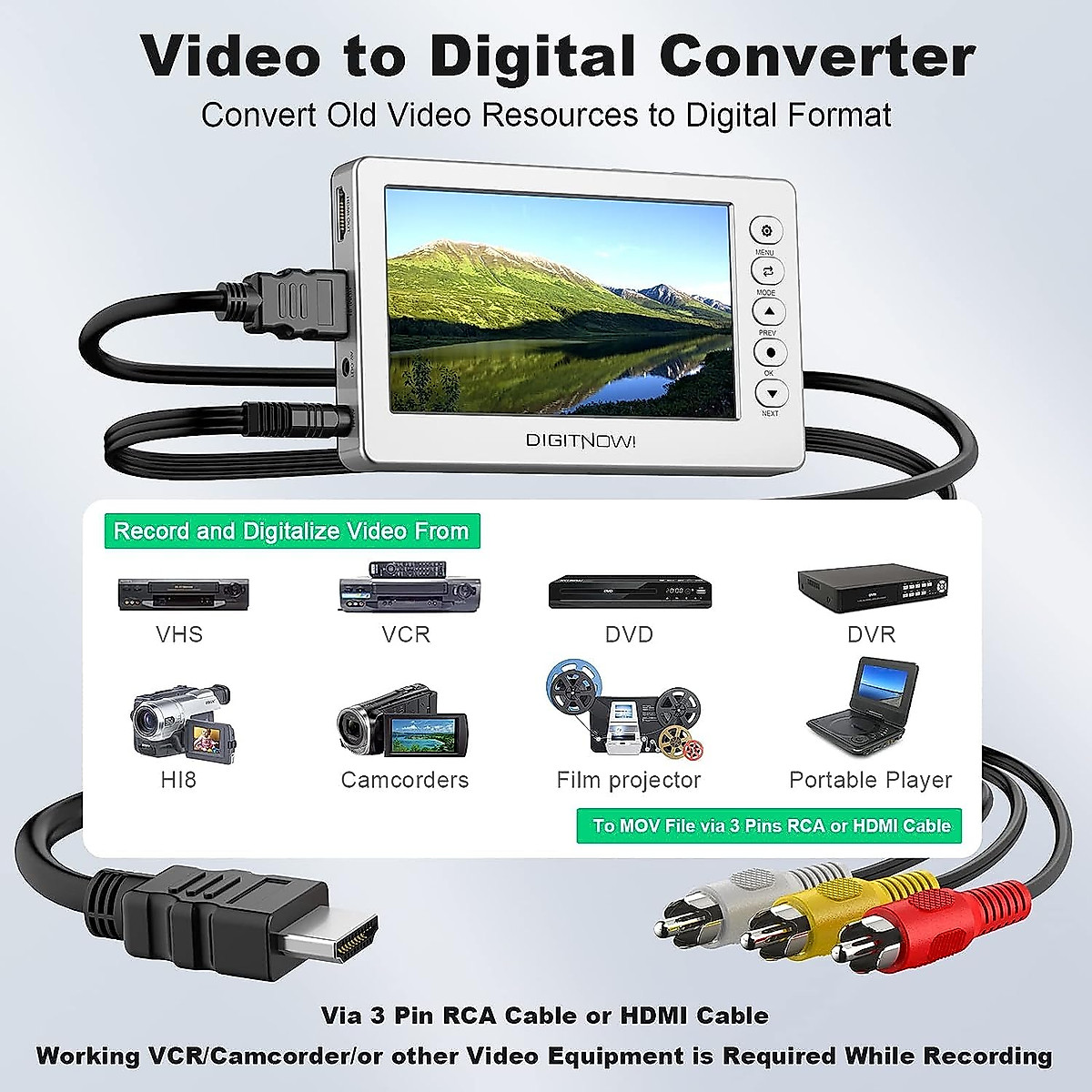 VIXLW Video to Digital Converter, VHS to Digital Converter, Video Capture Device, Analog VHS VCR Hi8 Mini DV Video Recorder,AV/RCA to HDMI Adapter/Converter,Support 720P/1080P,TV/Tape Player/Camcorder
