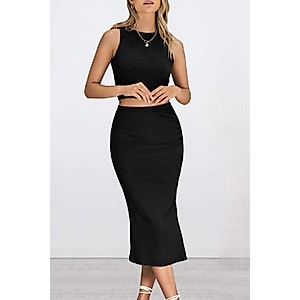 PRETTYGARDEN Women's 2 Piece Summer Outfits Crewneck Tank Tops Split Bodycon Midi Skirt Set (Black,Small)